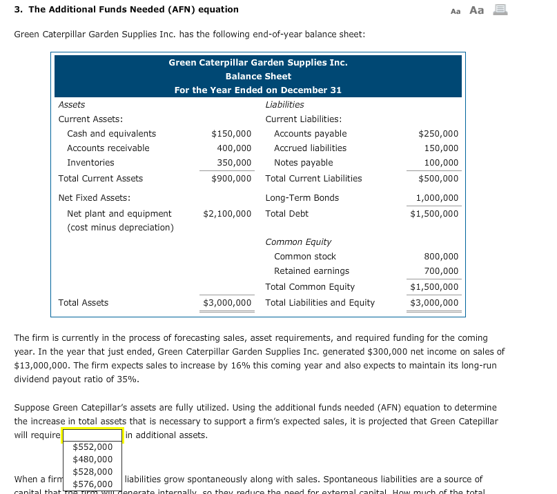 Solved 3. The Additional Funds Needed (AFN) equation Aa Aa E | Chegg.com