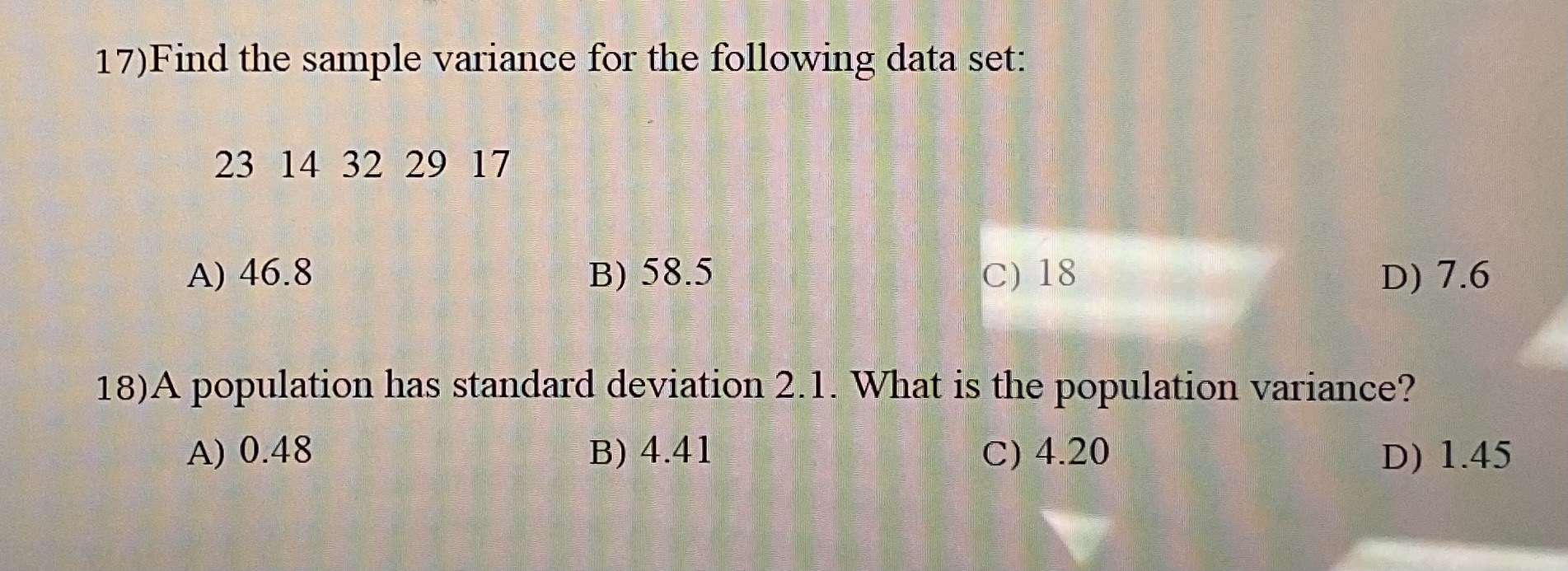 Solved 17)Find the sample variance for the following data | Chegg.com