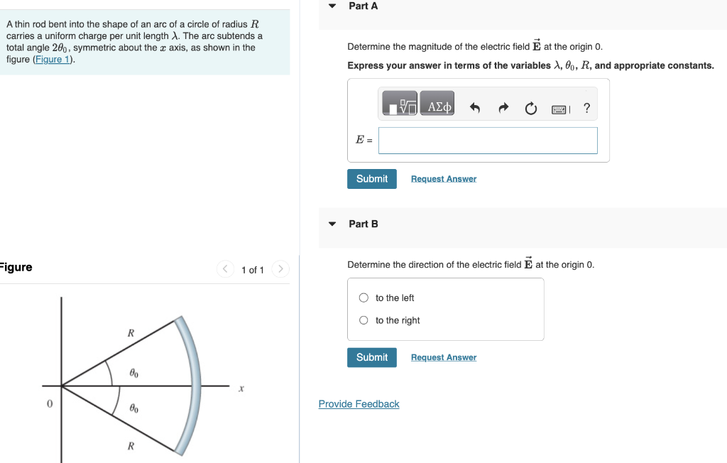 Solved A thin rod bent into the shape of an arc of a circle | Chegg.com