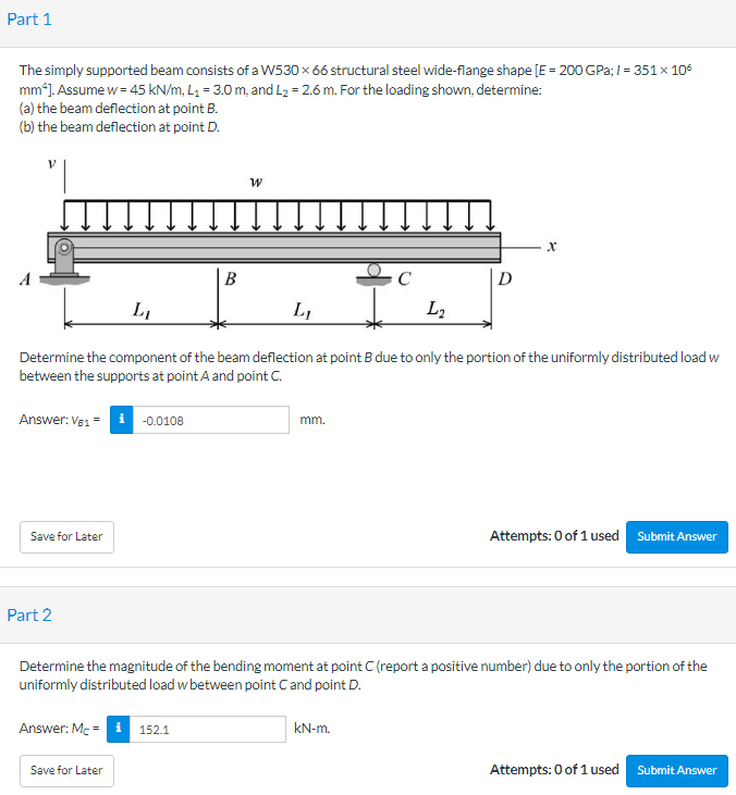Solved Part 1 The simply supported beam consists of a W530 X | Chegg.com