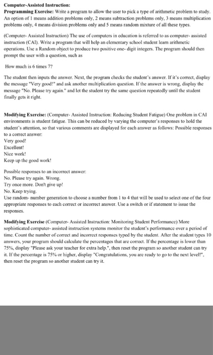 Solved Computer-Assisted Instruction: Programming Exercise: | Chegg.com