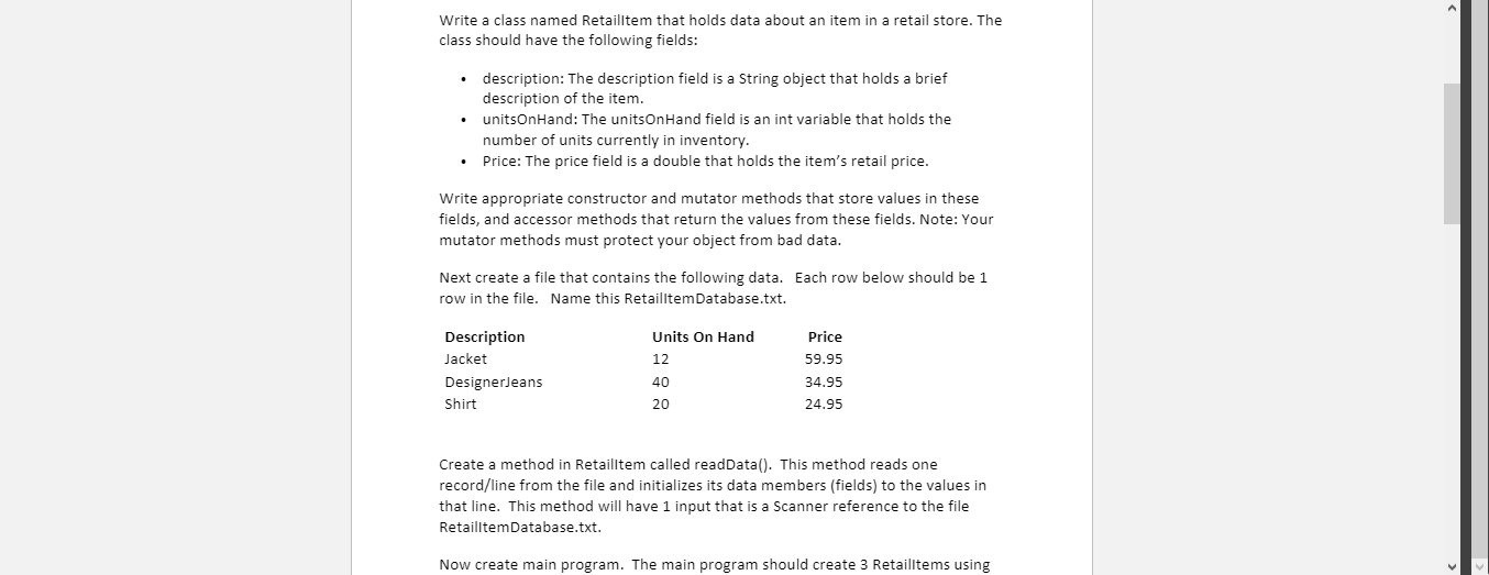 Solved Write a class named Retailltem that holds data about | Chegg.com