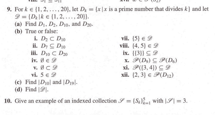 Solved 9. For k∈{1,2,…,20}, let Dk={x∣x is a prime number | Chegg.com
