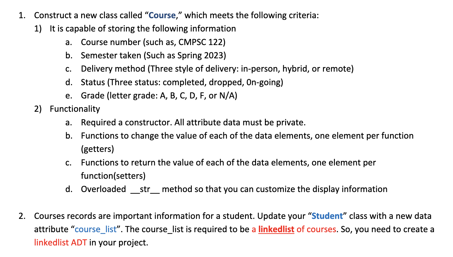 Solved 1. Construct a new class called "Course," which meets | Chegg.com