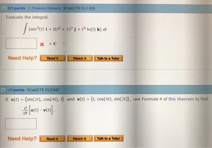 Solved +0/1 points | Previous Answers SCalcET8 13.2.039 | Chegg.com