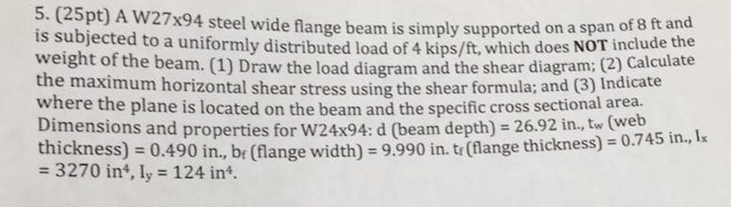 Solved 5. (25pt) A W27x94 steel wide flange beam is simply | Chegg.com