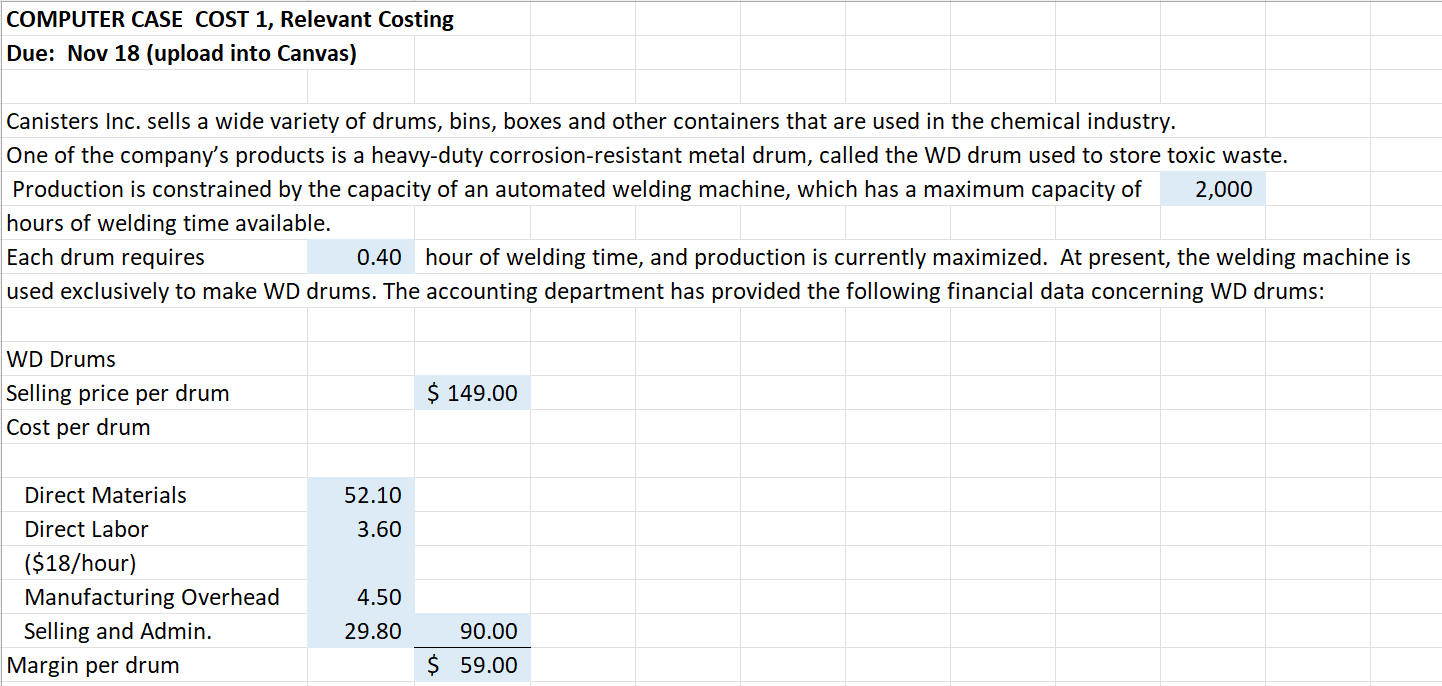Solved COMPUTER CASE COST 1, Relevant Costing Due: Nov 18 | Chegg.com