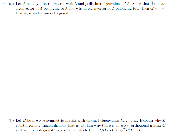 Solved (a) Let A be a symmetric matrix with λ and μ distinct | Chegg.com