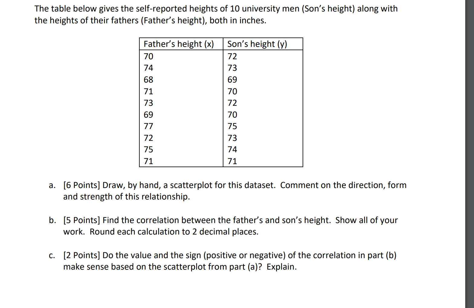 Solved The table below gives the self-reported heights of 10 | Chegg.com
