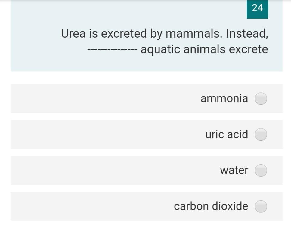 Solved 24 Urea is excreted by mammals. Instead, aquatic | Chegg.com