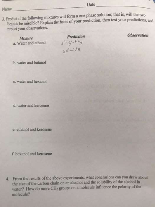 Solved Date Name 3. Predict if the following mixtures will | Chegg.com