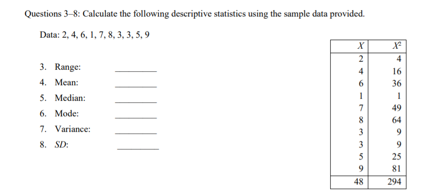 Solved Questions 3–8: Calculate the following descriptive | Chegg.com