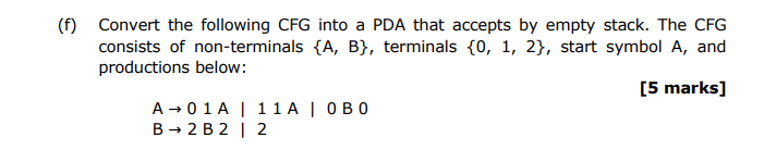 Solved (f) Convert the following CFG into a PDA that accepts | Chegg.com