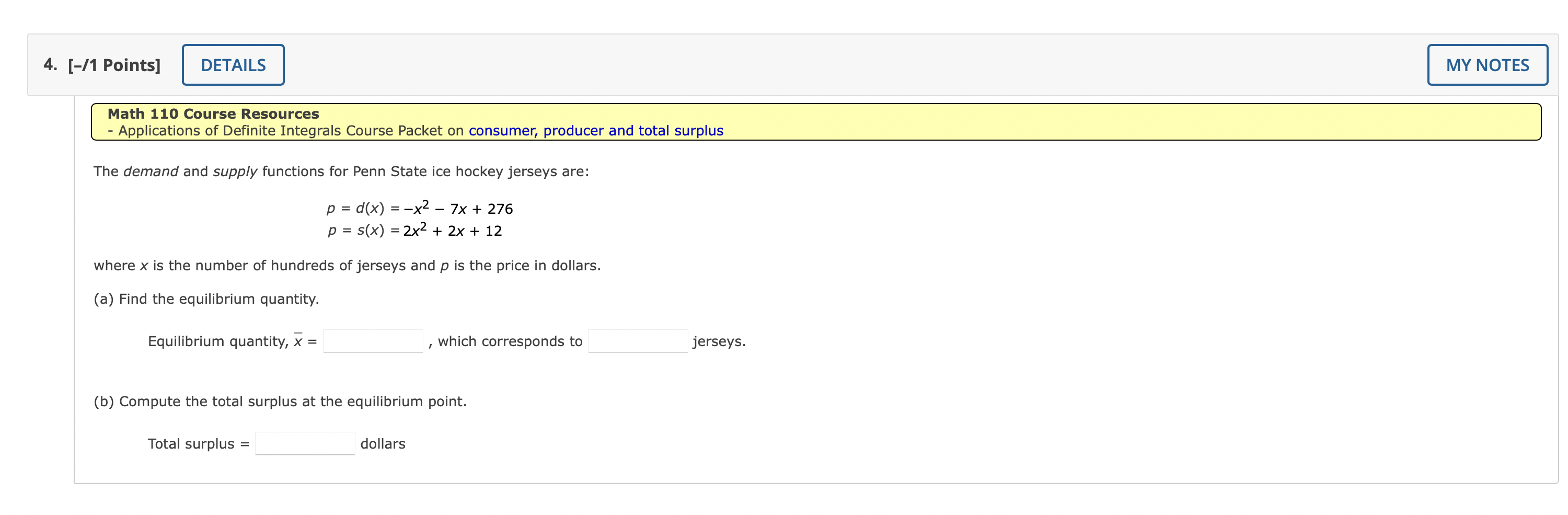 Solved Math 110 Course Resources - Applications of Definite | Chegg.com