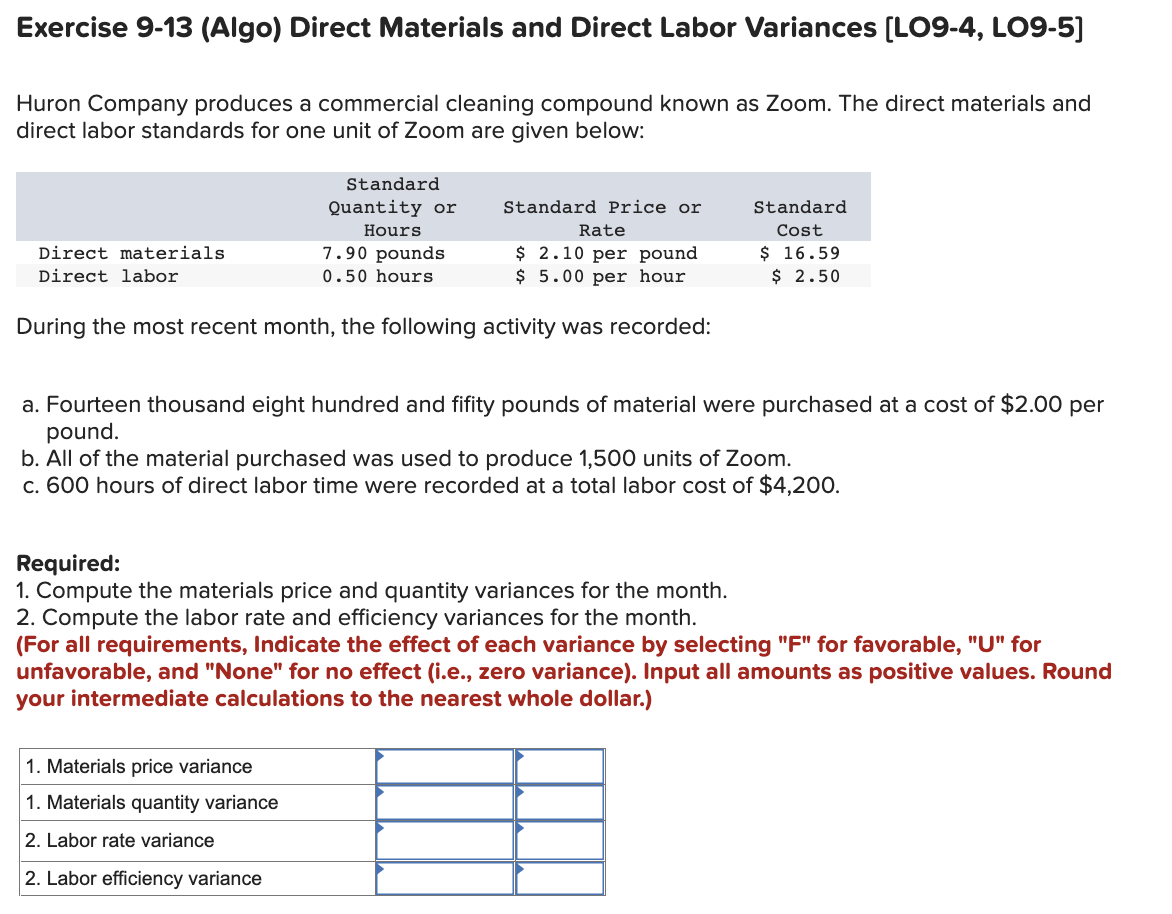 Solved Exercise 9-13 (Algo) Direct Materials and Direct | Chegg.com