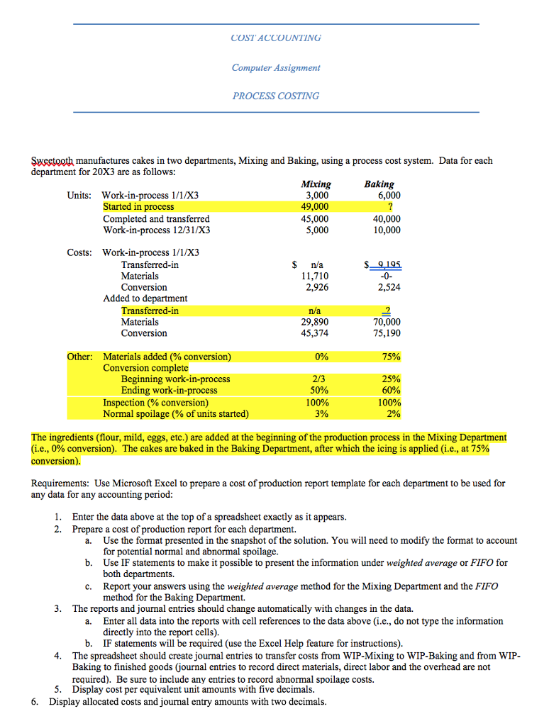 Solved COST ACCOUNTING Computer Assignment PROCESS COSTING | Chegg.com