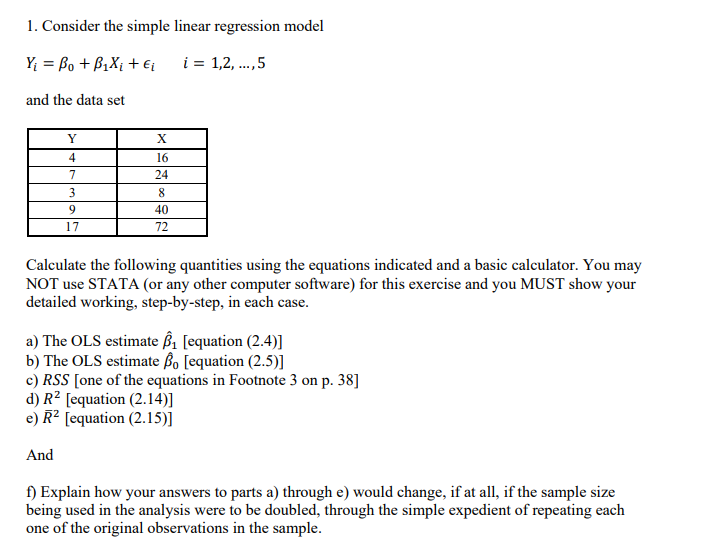 Solved 1. Consider the simple linear regression model | Chegg.com