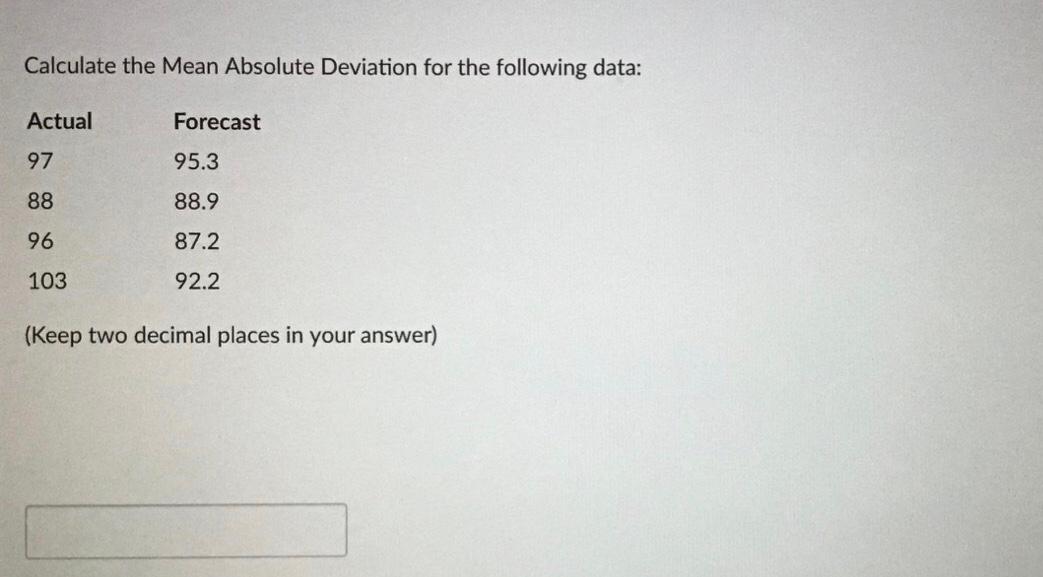 Solved Calculate the Mean Absolute Deviation for the | Chegg.com