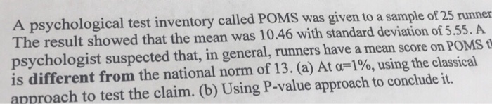 Solved A psychological test inventory called POMS was given | Chegg.com