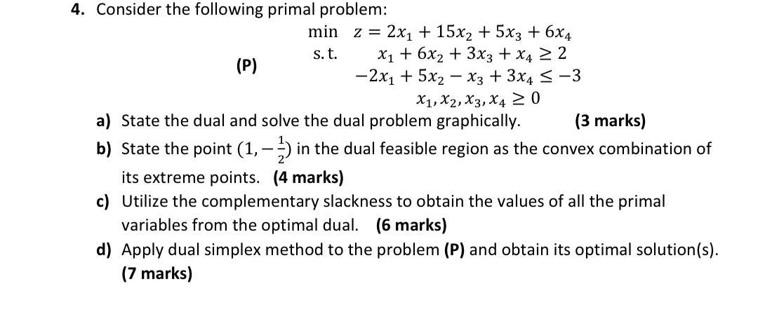Solved min 4. Consider the following primal problem: z = = | Chegg.com