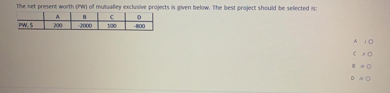 Solved The net present worth (PW) of mutualley exclusive | Chegg.com