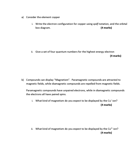 Solved a) Consider the element copper i. Write the electron | Chegg.com