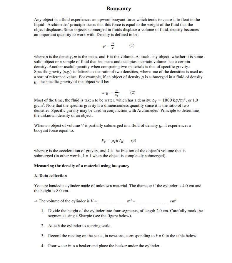 Solved Buoyancy Any object in a fluid experiences an upward | Chegg.com