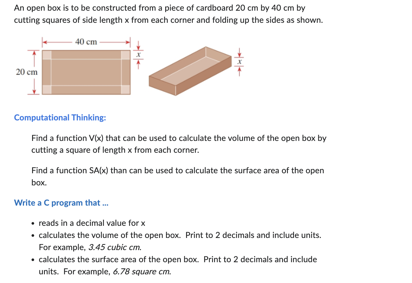 Solved An open box is to be constructed from a piece of | Chegg.com