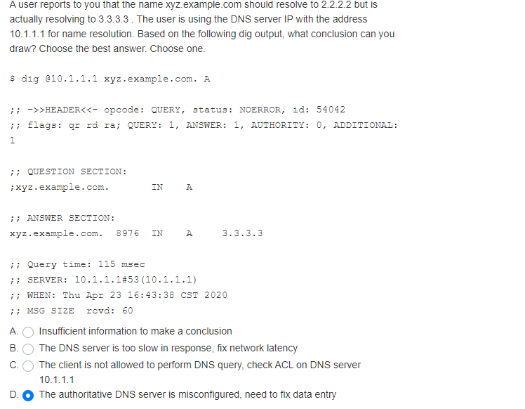 Solved A user reports to you that the name xyz.example.com | Chegg.com