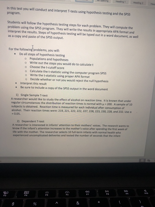 Solved ing Heading 1 In this test you will conduct and | Chegg.com