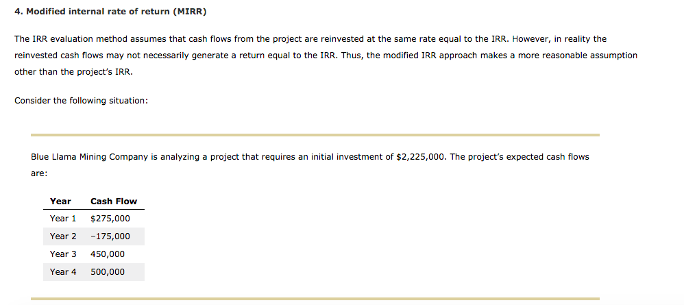 Solved 4. Modified internal rate of return (MIRR) The IRR | Chegg.com
