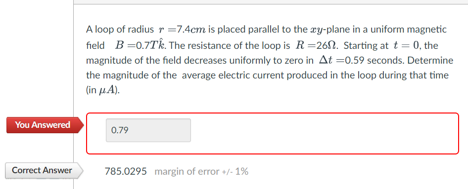 Solved A loop of radius r=7.4 cm is placed parallel to the | Chegg.com