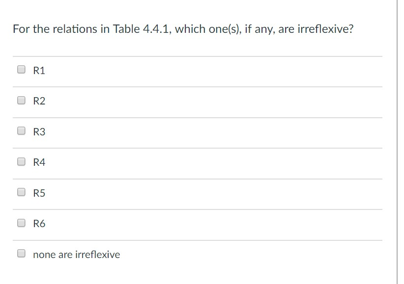 Solved Consider the six relations represented in Table 4.4.1 | Chegg.com