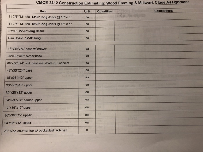CMCE-2412 Construction Estimating: Wood Framing & | Chegg.com