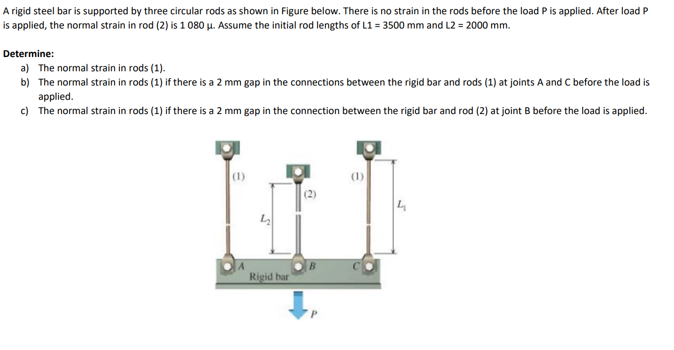 Solved A rigid steel bar is supported by three circular rods | Chegg.com