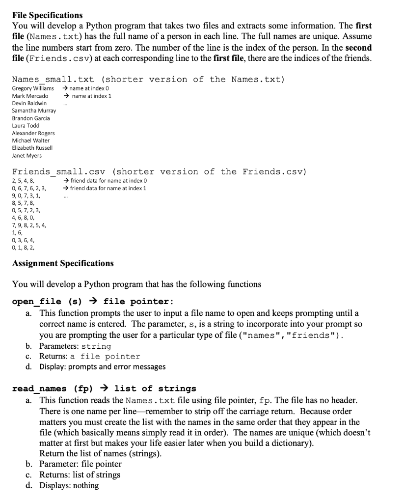 Solved File Specifications You will develop a Python program | Chegg.com