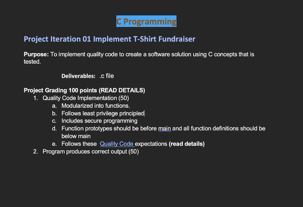 Solved C Programming Project Iteration 01 Implement T Shirt Chegg