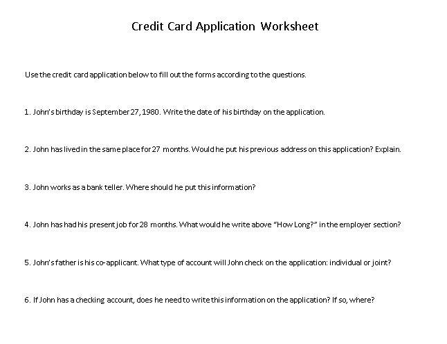 Solved Credit Card Application Worksheet Use the credit card | Chegg.com