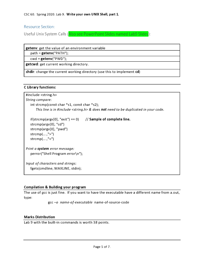 CSC 60. Spring 2020. Lab 9. Write your own UNIX | Chegg.com