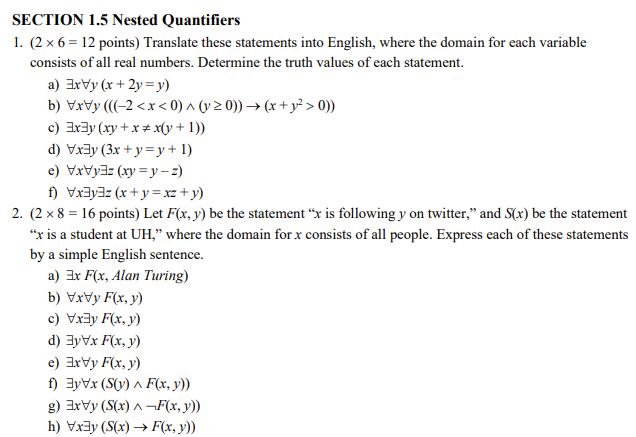 SECTION 1.5 Nested Quantifiers 1. (2x6 = 12 points) | Chegg.com
