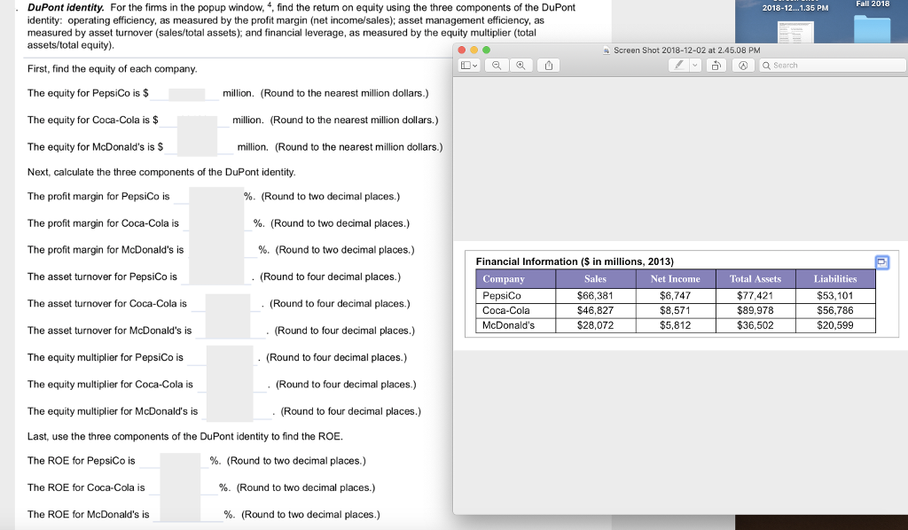 Solved Fall 2018 DuPont identity. For the firms in the popup | Chegg.com