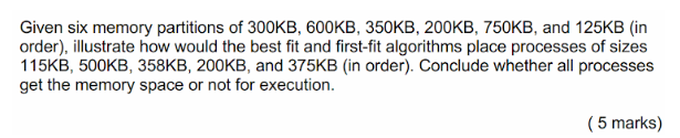 Solved Given six memory partitions of 300KB, 600KB, 350KB, | Chegg.com