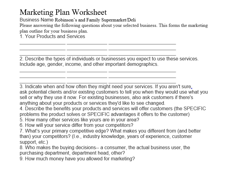 Solved Marketing Plan Worksheet Business Name Robinson's and | Chegg.com