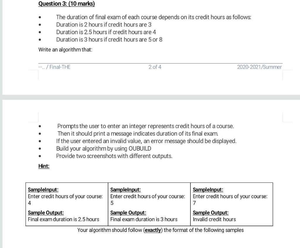 Solved Question 3: (10 marks) The duration of "final" "exam" | Chegg.com