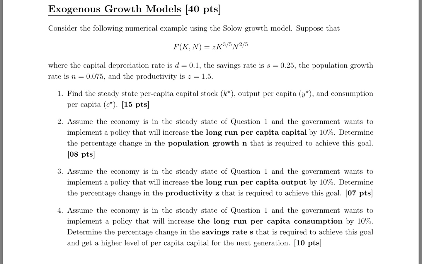 Exogenous Growth Models (40 pts] Consider the | Chegg.com