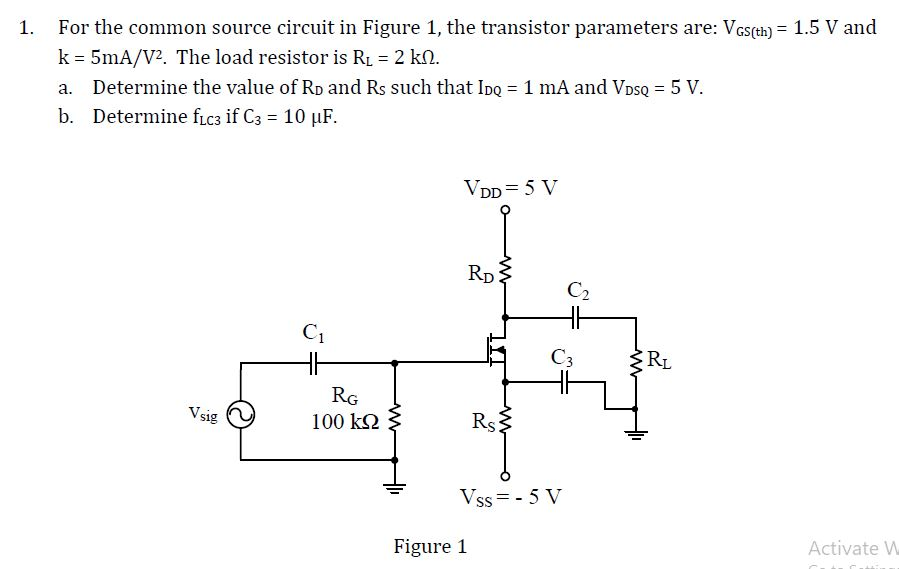 Solved 1. For the common source circuit in Figure 1, the | Chegg.com
