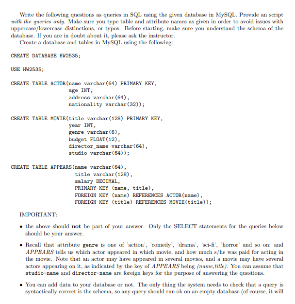 Solved Write the following questions as queries in SQL using | Chegg.com