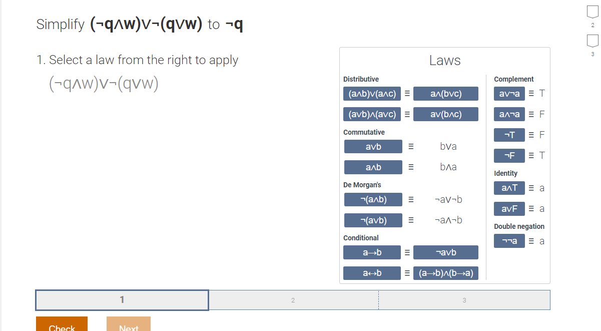Solved Simplify (-qaw)v-(qvw) to - Laws 1. Select a law from | Chegg.com