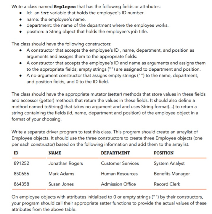 Solved Write a class named Employee that has the following | Chegg.com