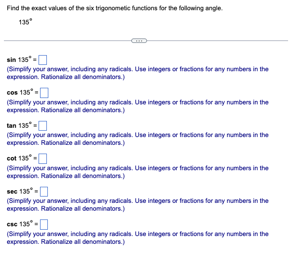 Solved Find the exact values of the six trigonometic | Chegg.com